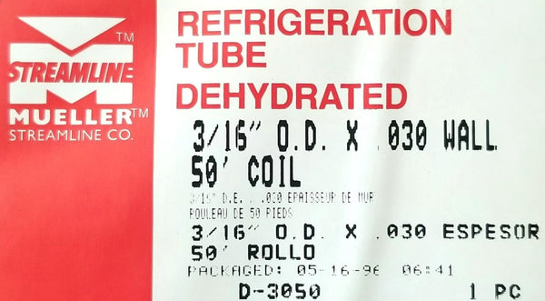 Streamline Mueller D-3050 Refrigeration Tube Dehydrated 50' 3/16" X 0.