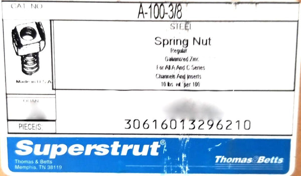 Superstrut A-100-3/8 Spring Nut Steel Regular Galvanized Zinc (Box of