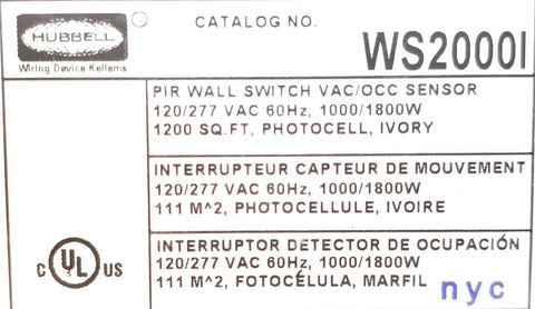 Hubbell WS2000I PIR Wall Switch Sensor 120-277VAC 60Hz 1000-1800W Phot