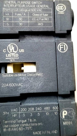 ABB OT16FT3 General Purpose Switch Interrupteur 50-60Hz 20A 600VAC 8-1