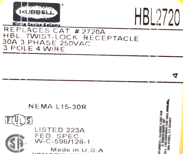 Hubbell HBL2720 Twist-Lock Receptacle 30A 3PH 250VAC 3P 4 Wire (Box of ...