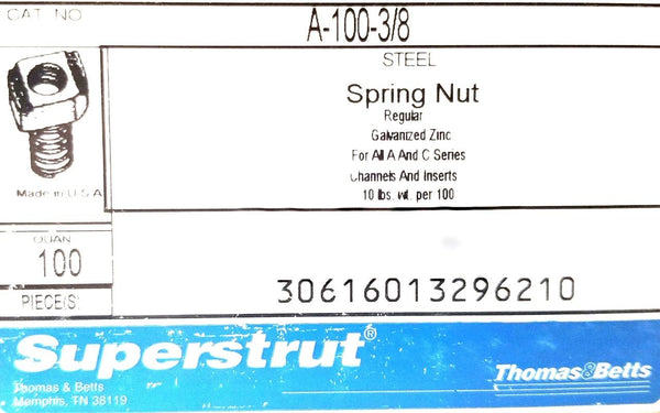 SuperStrut A-100-3/8 Spring Nut Regular Galvanized Zinc (Box of 100)