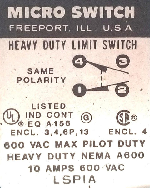 Micro Switch LSP1A Heavy Duty Limit Switch 600VAC Max NEMA A600 10A En