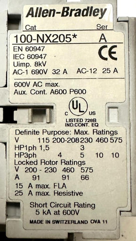 Allen Bradley 100-NX205 Definite Purpose Contactor 600V AC Max 32A Ser