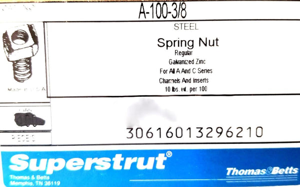 SuperStrut A-100-3/8 Spring Nut Regular Galvanized Zinc (Box of 93)