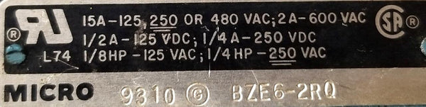 Micro BZE6-2RQ Limit Switch 9310 1/8 - 15A 125-250VAC 1/4A 250VDC ...
