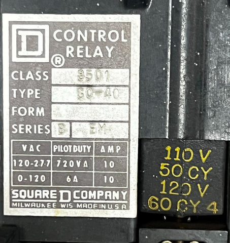 Square D 8501 G0-40 Control Relay Type GO-40 Series B 120-277 VAC 10A ...