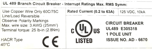 Altech D40 Branch Circuit Breaker 125VDC 10kA UL489 E305318 1P 0.2-63A ...