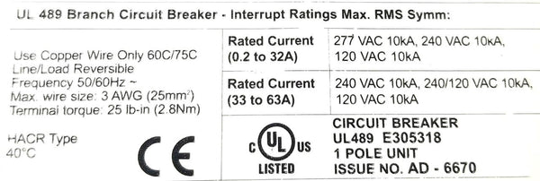 Altech D10 Branch Circuit Breaker 120-277VAC 10kA UL489 E305318 1P 0.2