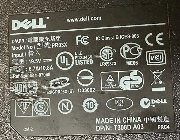 Dell Latitude E Series PR03X Docking Station E-Port T308D A03 19.5V 13