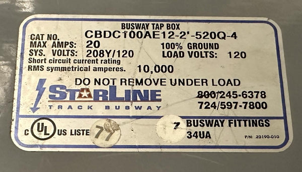 Starline CBDC100AE12-2'-520Q-4 Busway Tap Box 20 AMP 208Y/120 VAC 100%