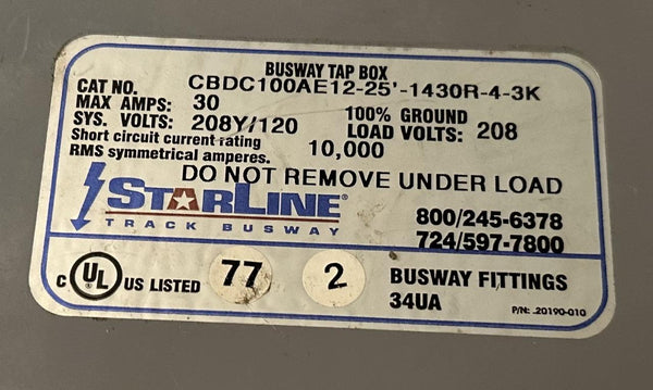 Starline CBDC100AE12-25'-1430R-4-3K Busway Tap Box 30A 208Y/120 VAC
