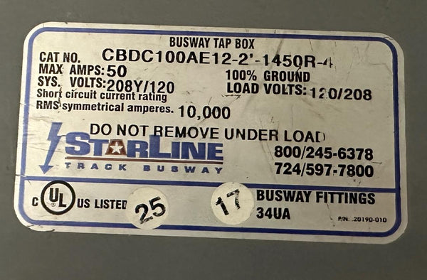 Starline CBDC100AE12-2'-1450R-4 Busway Tap Box 50A 208Y/120 VAC 100% G