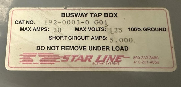 Starline 192-0003-0 G01 Busway Tap Box 20A 125V Max 5000A Short Circui
