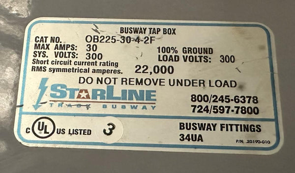 Starline OB225-30-4-2F Busway Tap Box 30A 300 VAC 100% Ground – Surplus ...