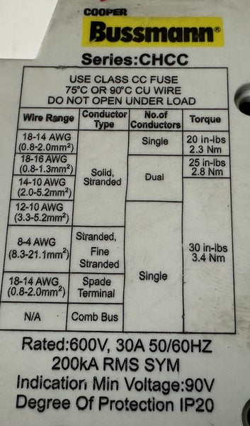 Cooper Bussmann CHCC Fuse Holder 600V 50/60HZ 200KA 3 Pole