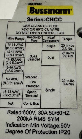 Cooper Bussmann CHCC Fuse Holder 600V 50/60HZ 200KA 3 Pole