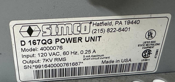 Simco D-167QG Static Eliminator Power Unit W/ Air Gun 120VAC 60 HZ 7KV