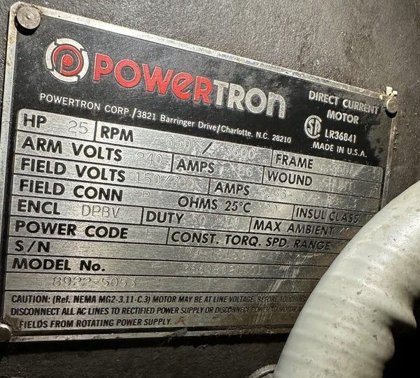 Powertron 3660B021E01 Electric DC Shunt Motor 25 HP 3600 RPM 240V 366A