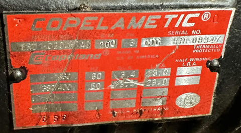 Copeland ERJ1-0200-TAD Copelametic Compressor 200 BM 3 Ph 460/3/60 380