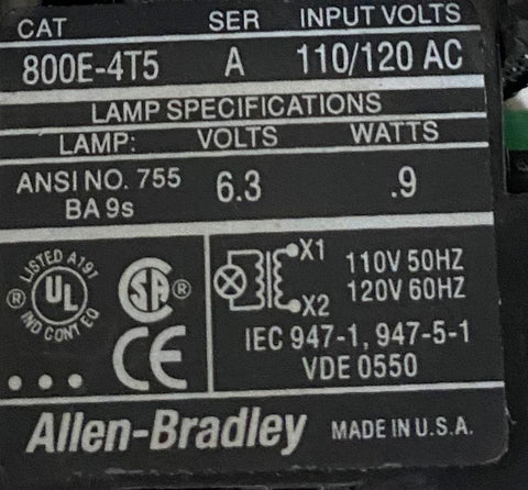 Allen-Bradley 800E-4T5 Push Button Switch Orange 110/120 VAC Series A