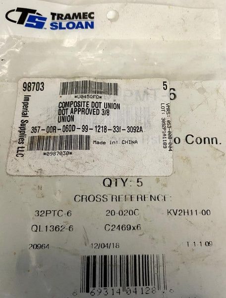 Pack of (5) Tramec Sloan S762PMT-6 3/8" Tube Composite Straight Union
