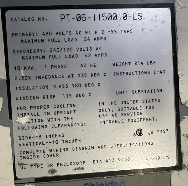 Acme Electric PT-06-1150010-LS Transformer 10 KVA 480V HV 240/120V LV