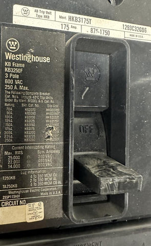 Westinghouse KB3250F Circuit Breaker 250A 600VAC 3 Pole w/ HKB3175T ...