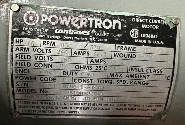 Powertron 2510B822E01 DC Motor 2510AT Frame 3300 RPM 10 HP 240VDC Shun