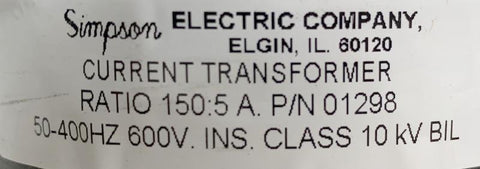Simpson Electric 01298 Current Transformer 150:5 Ratio 600V | Surplus ...