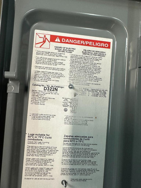 Square D D322N General Duty Fusible Safety Switch 60A 3 Pole 15HP ...