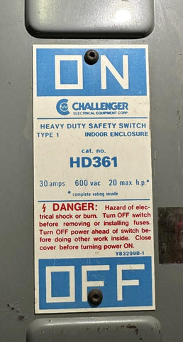 Challenger HD361 Heavy Duty Safety Switch 600VAC 30A 20 HP Type 1 ...