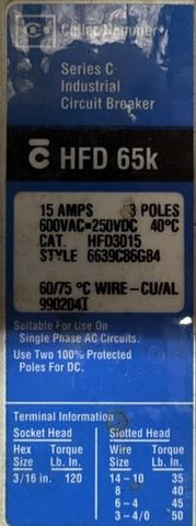 Cutler Hammer HFD3015 Industrial Circuit Breaker 15 Amps 3 Poles 600 V