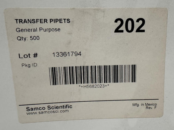 Samco Scientific 202 General Purpose Transfer Pipets H5682023 500 Pack