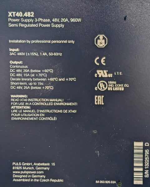 Puls XT40.482 Dimension Semi Regulated Power Supply 3-Phase 48V 20A 96