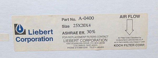 Liebert A-0400 Pleated Air Filter 25" x 20" x 4" Size 30% Ashre ...