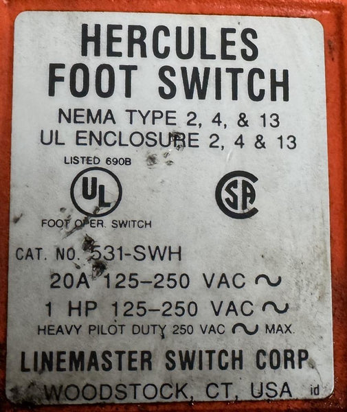 Linemaster Hercules 531-SWH Foot Switch 1HP 20A 125-250 VAC