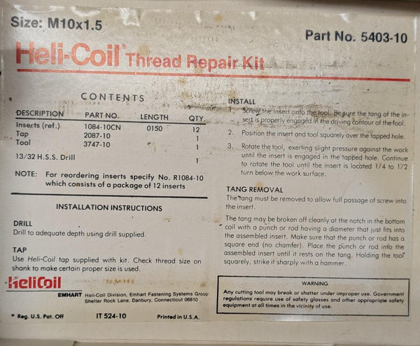 Helicoil 5403-10 Metric Master Thread Repair Kit Size M10 x 1.5 15mm ...
