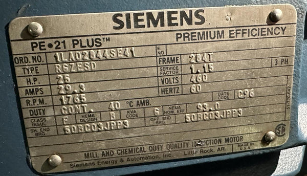 Siemens RGZESD AC Electric Motor 25 HP 1765 RPM 284T 460V 3 Phase PE-21 ...
