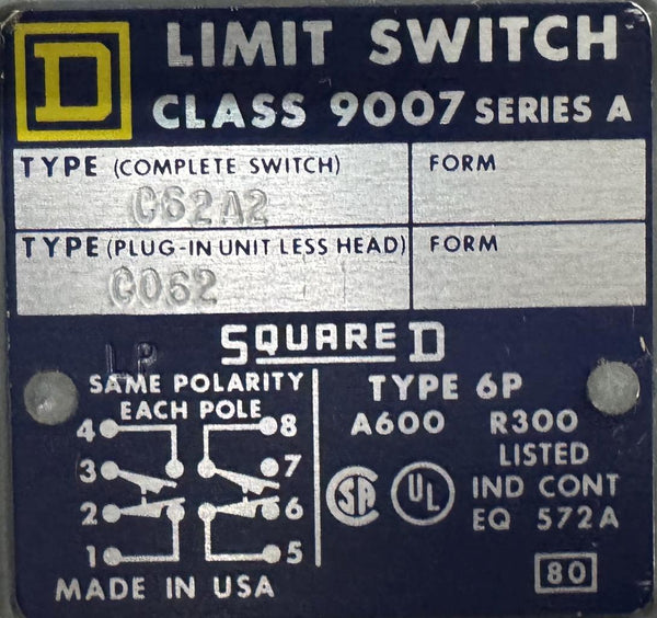 Square D C62A2 Heavy Duty Limit Switch Class 9007 Type C