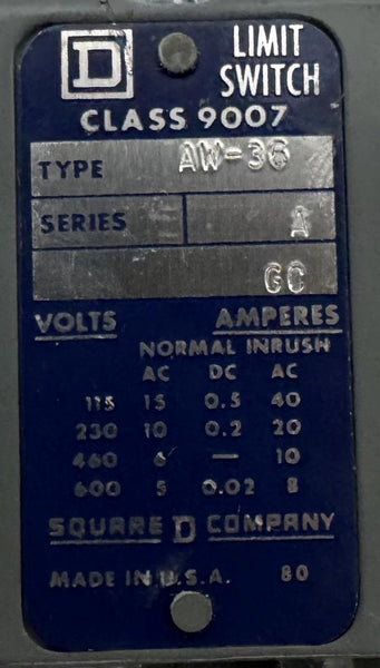 Square D 9007AW-36 Limit Switch 600V Series A | Surplus Select