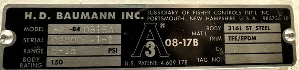 Baumann 32-84 081SA Sanitary Angle Control Valve 5-15 PSI