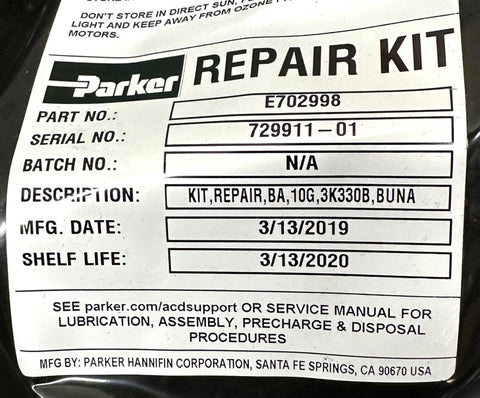Parker E702998 Bladder Repair Kit For 10-Gallon Hydraulic Accumulator ...