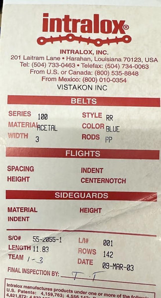 Intralox Series 100 Conveyor Belt Flush Edge Raised Rib Blue Acetal 11