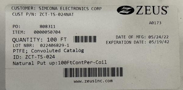 Zeus ZCT-TS-024 PTFE Flexible Corrugated Convoluted Tubing 100'