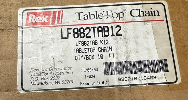 Rexnord LF882TAB12 TableTop Conveyor Chain 12" Width 1.5" Pitch 10' Le