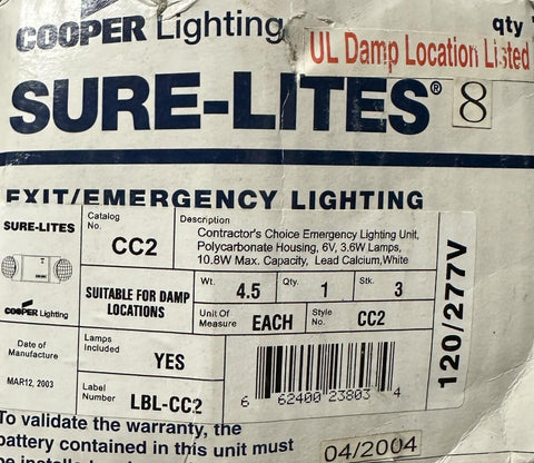 Cooper Lighting Sure-Lites CC2 Exit/Emergency Lighting Unit White 120/
