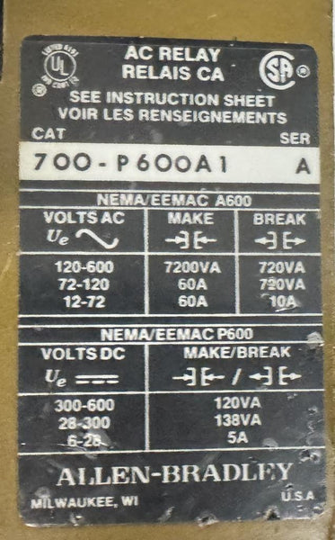 Allen-Bradley 700-P600A1 Direct Drive AC Relay 600V Series A