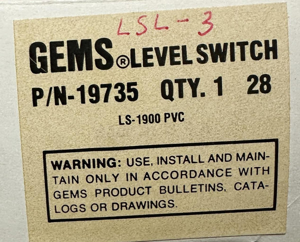 Gems 19735 Level Switch 120–240VAC 20VA 1/2" NPT LS-1900 PVC