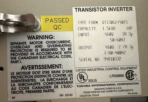 Toshiba TOSVERT-130G2+ Transistor Inverter 1.5KW 1HP 460V 3-Phase VT13